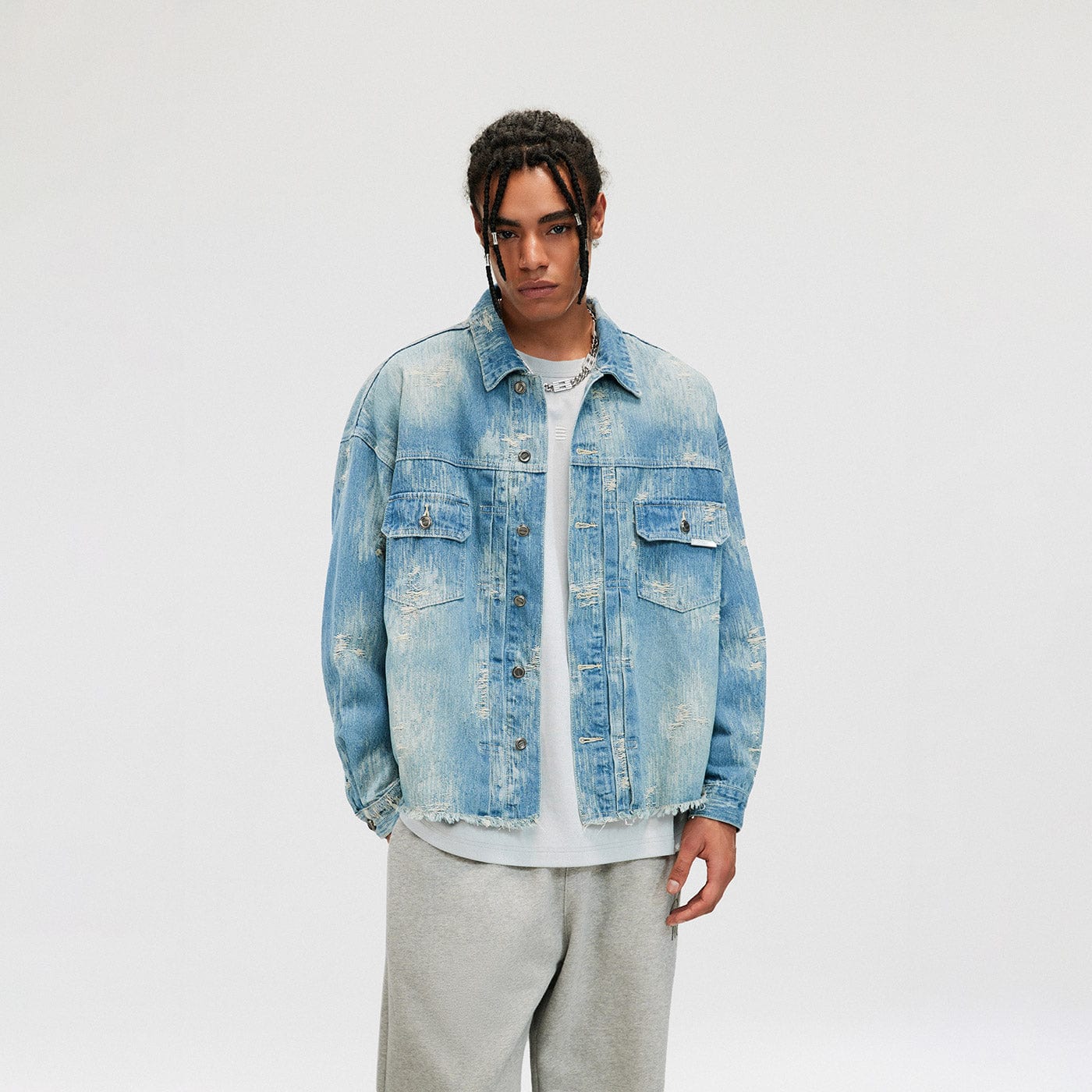 BONELESS Raw-Edge Washed Denim Jacket