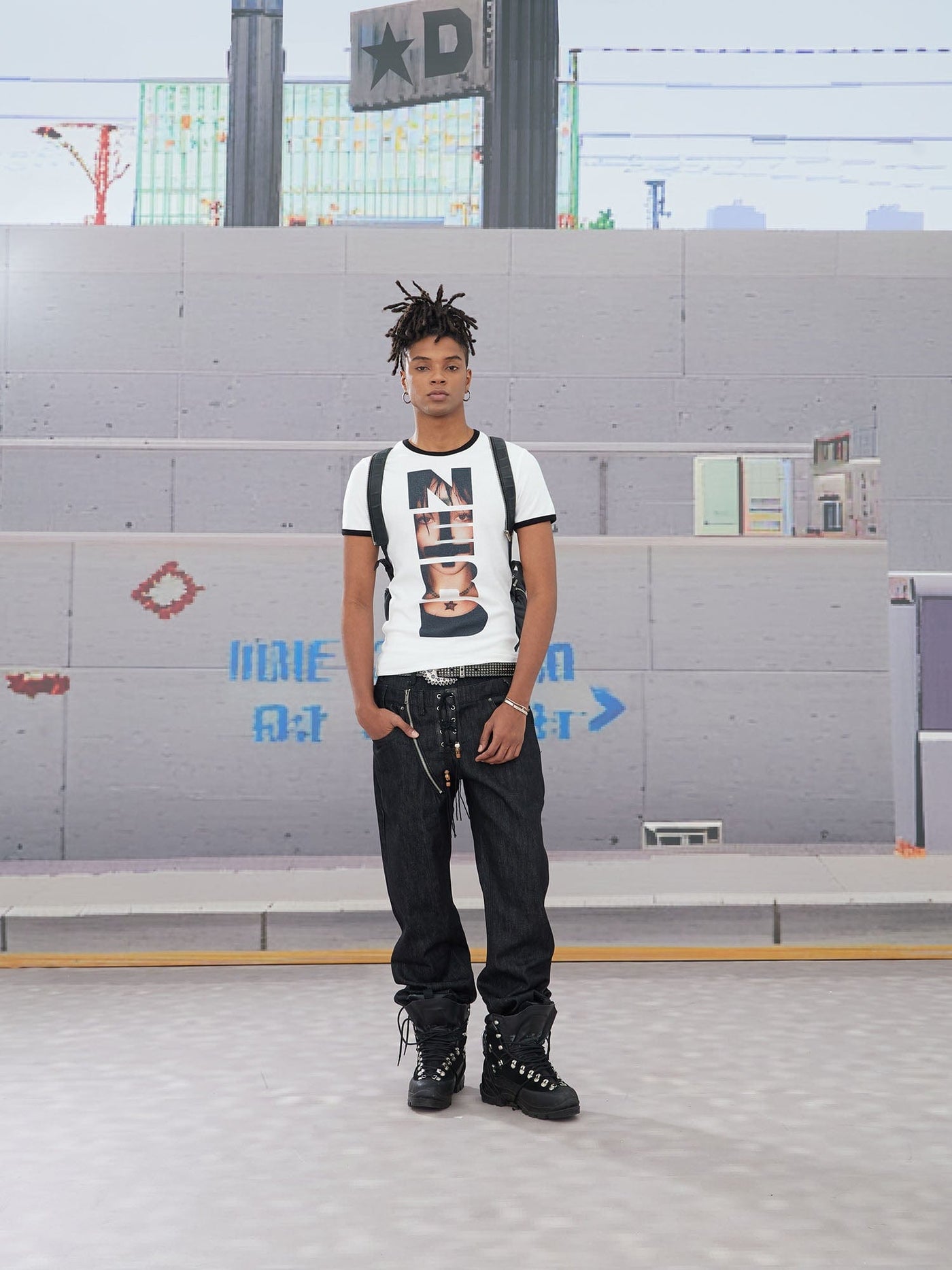 DND4DES Slanted Zipper Lace-Up Double-Waistband Raw Jeans