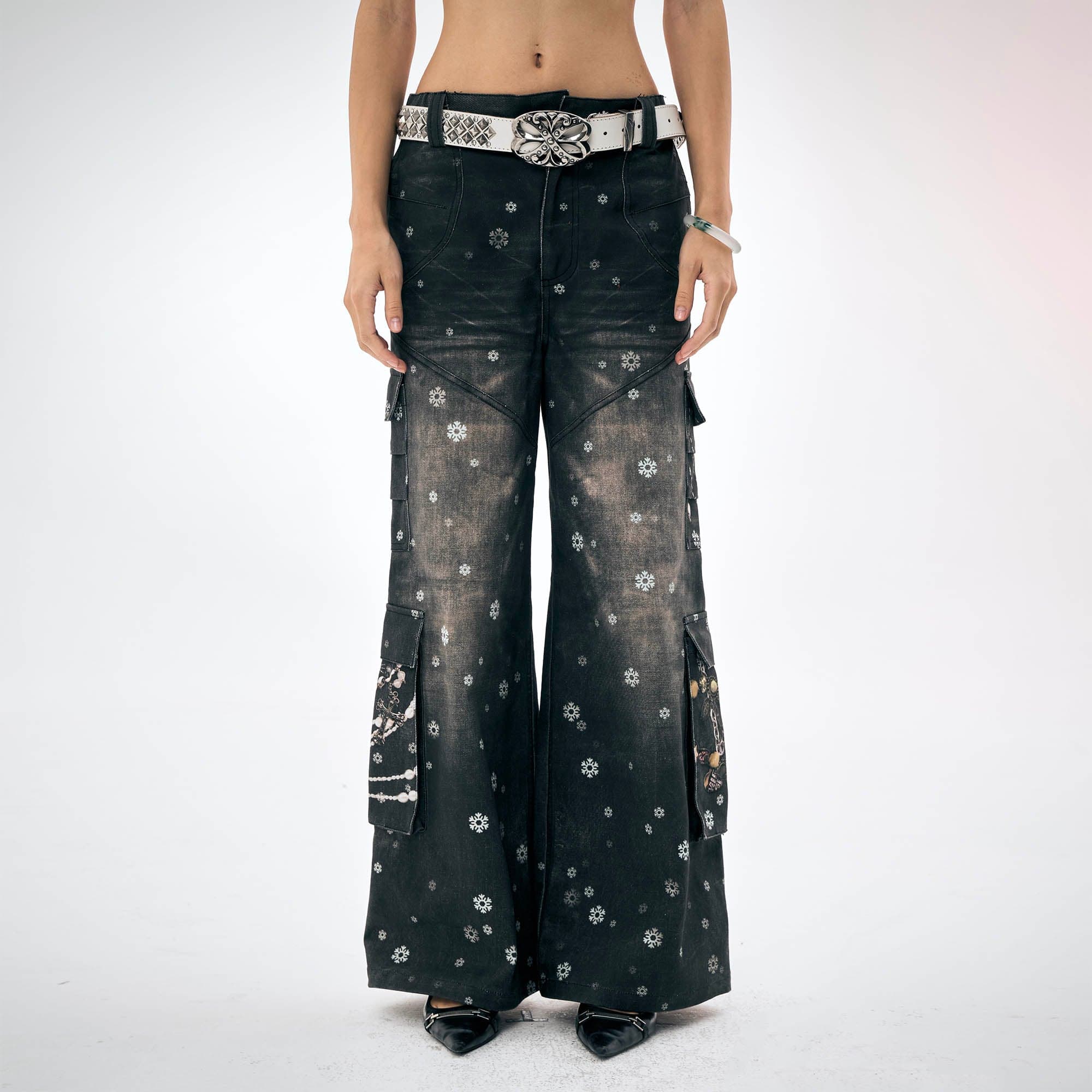 DND4DES×Faychui Snowflake Full-Print Spliced Multi-Pocket Jeans