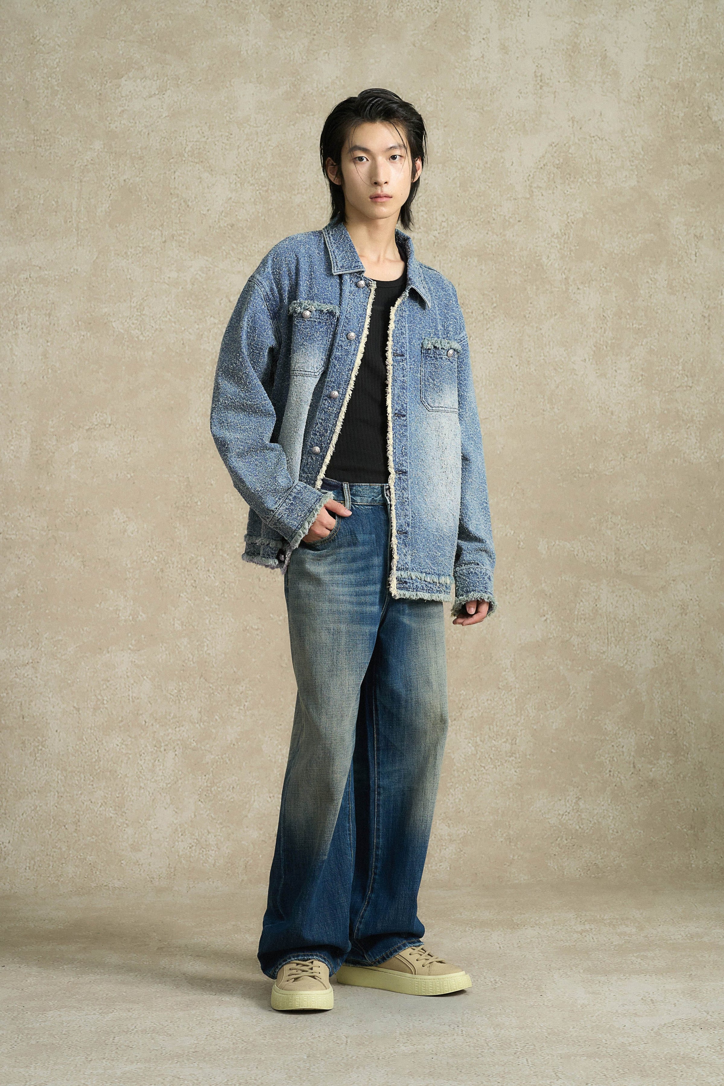 BONELESS Washed Frayed Edge Denim Jacket