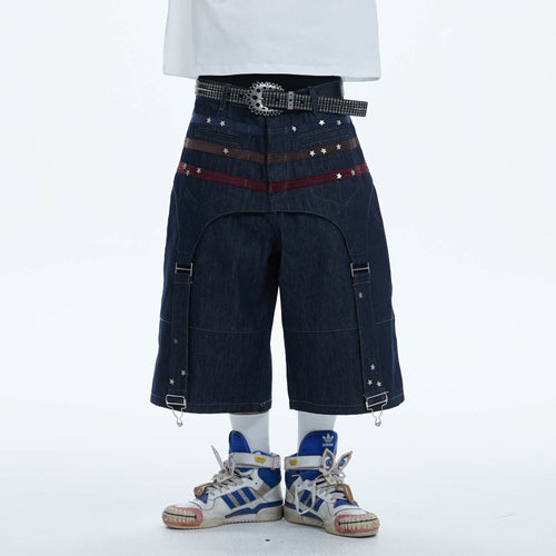 DND4DES Star-Rivet Harness-Layered Denim Shorts