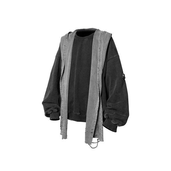 RELABEL Detachable-Hood Distressed Ripped Sweatshirt RELABEL Detachable-Hood Distressed Ripped Sweatshirt