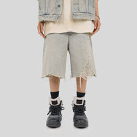 UNDERWATER Raw Edge Washed Denim Shorts