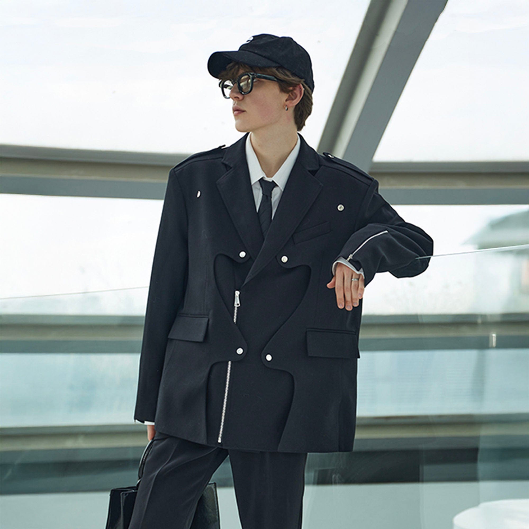 ASSEEN Deconstructed Ripple-Panel Zip Blazer