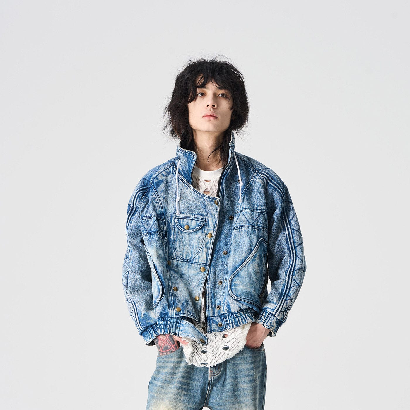 EPIC POETRY Deconstructed Washed Denim Biker Jacket