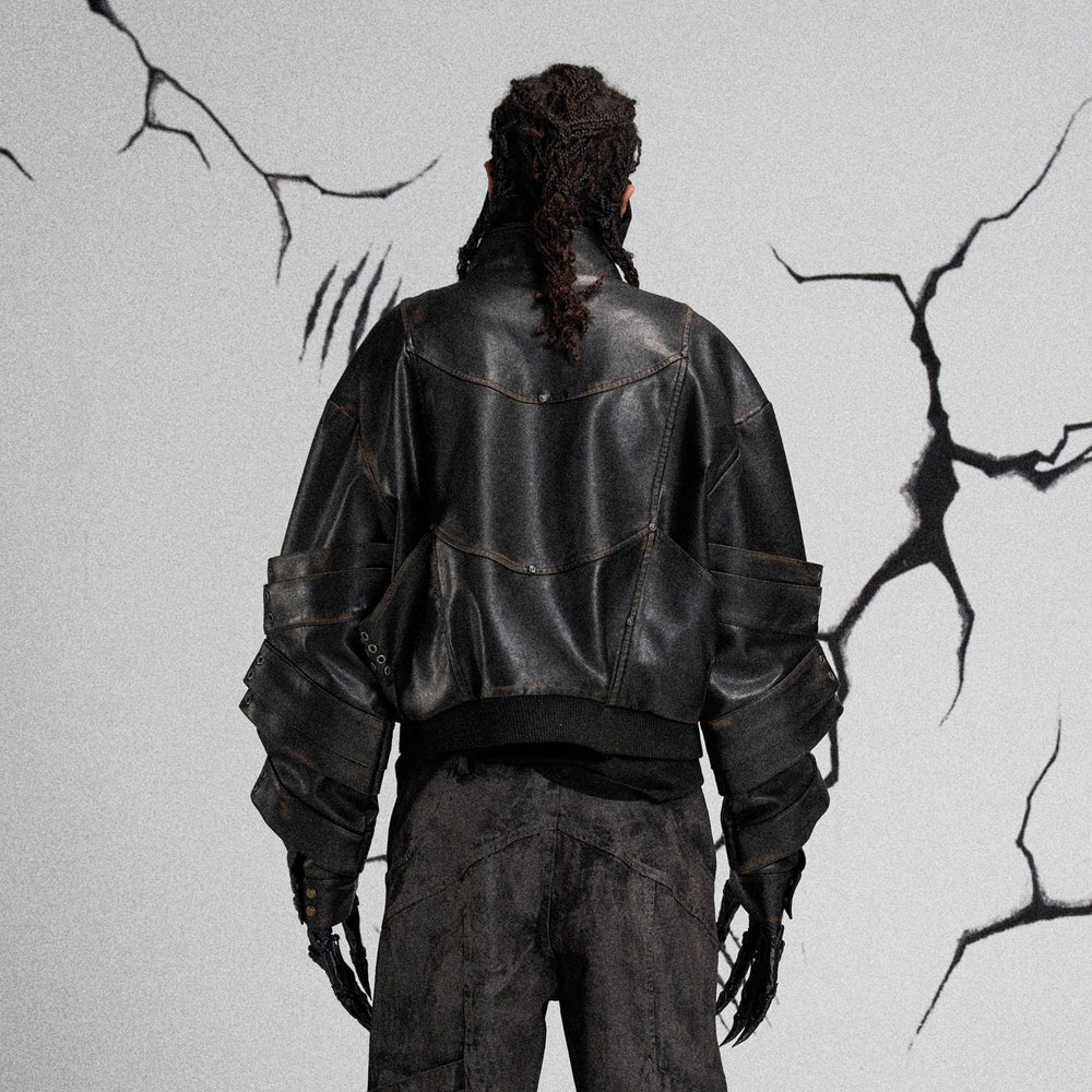 FLYERRER Mutation Layered Armor Spliced Faux Leather Jacket Black