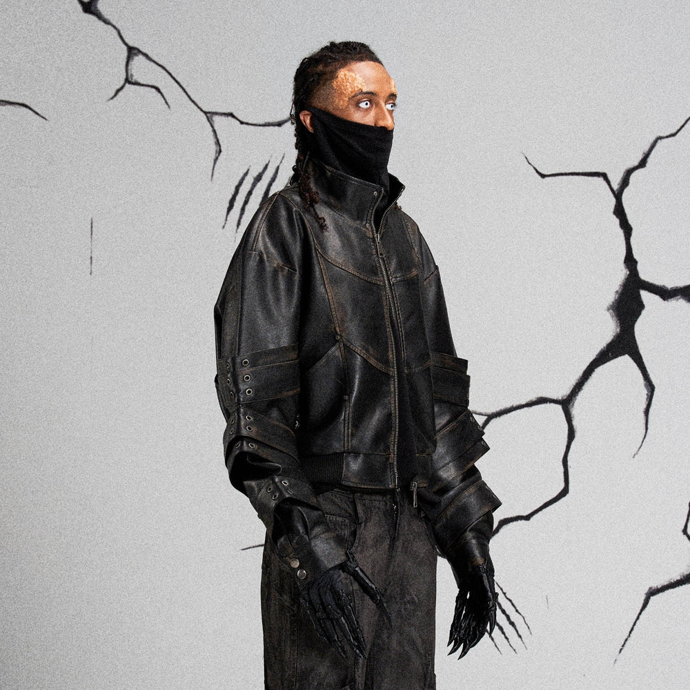FLYERRER Mutation Layered Armor Spliced Faux Leather Jacket Black