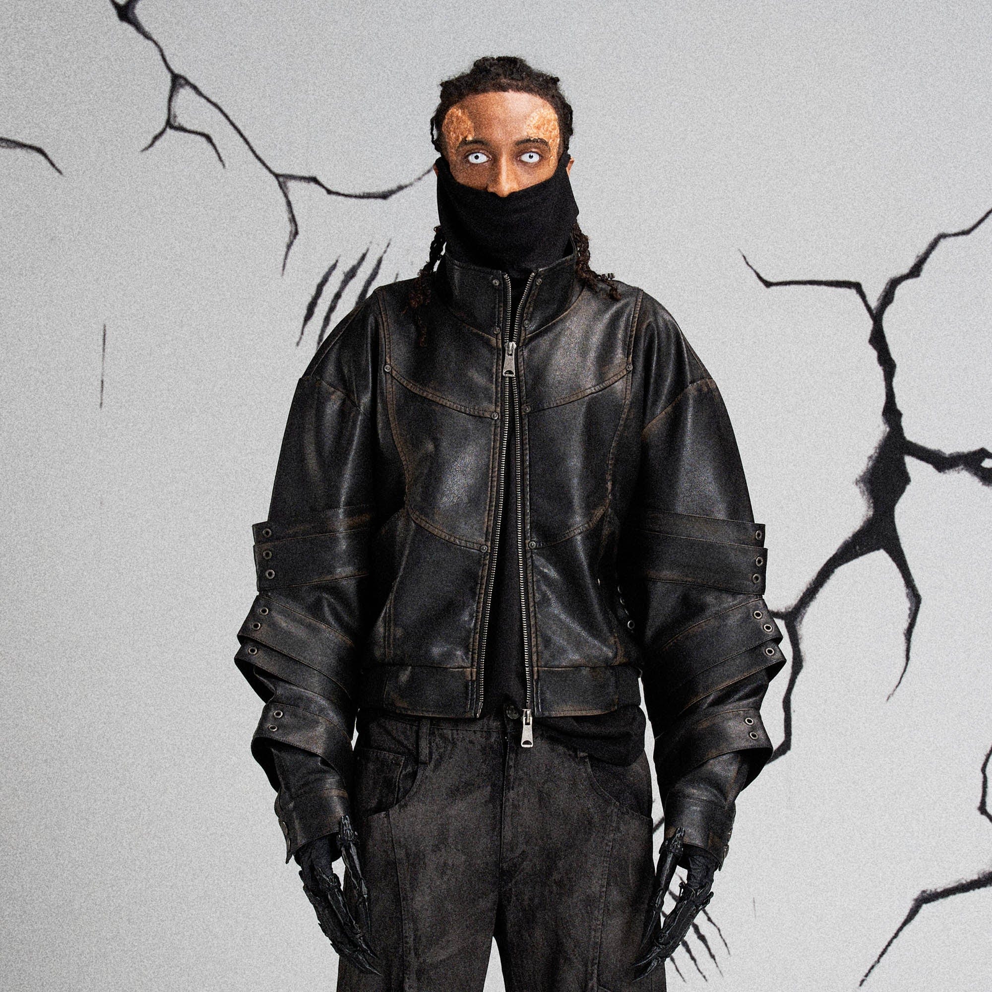 FLYERRER Mutation Layered Armor Spliced Faux Leather Jacket Black
