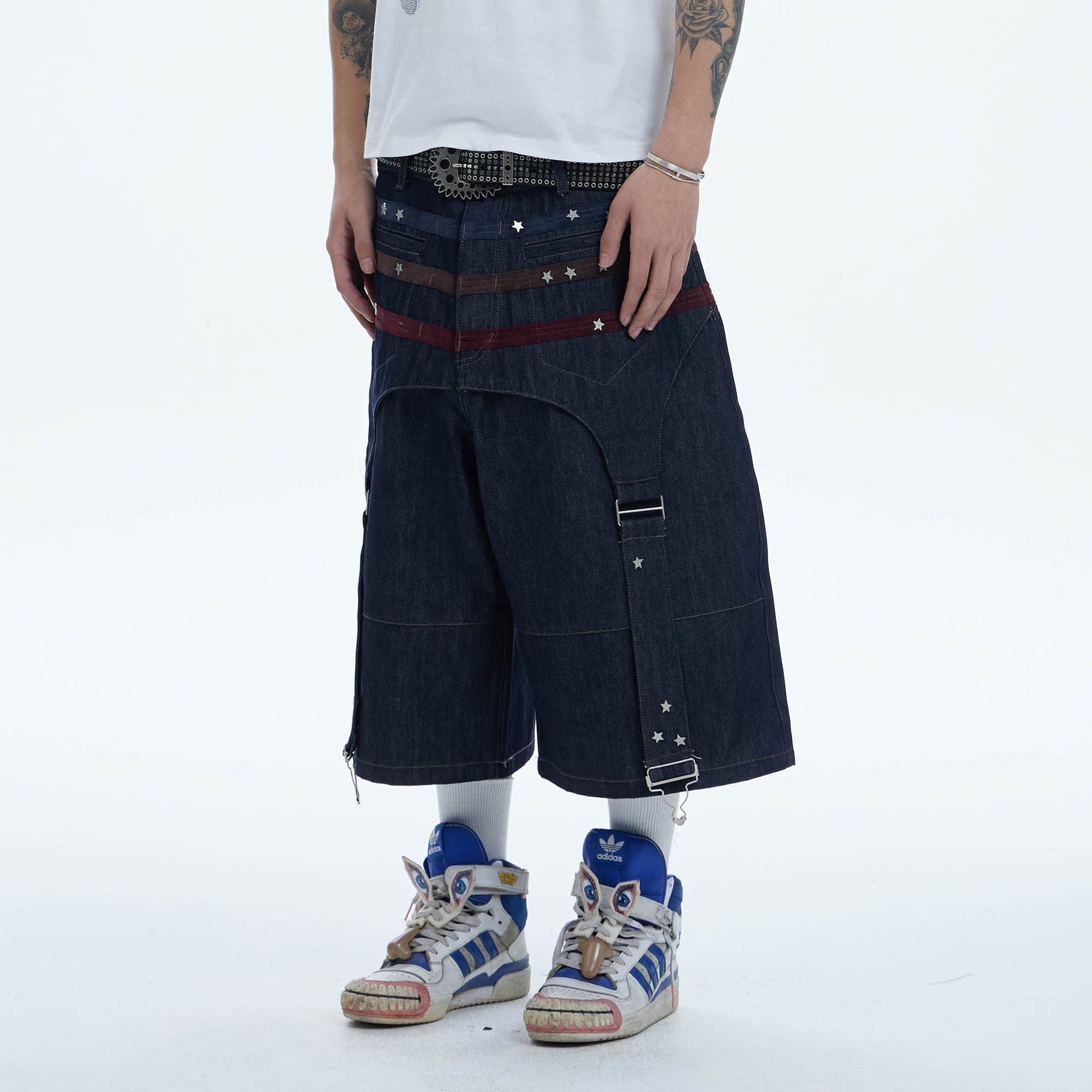 DND4DES Star-Rivet Harness-Layered Denim Shorts