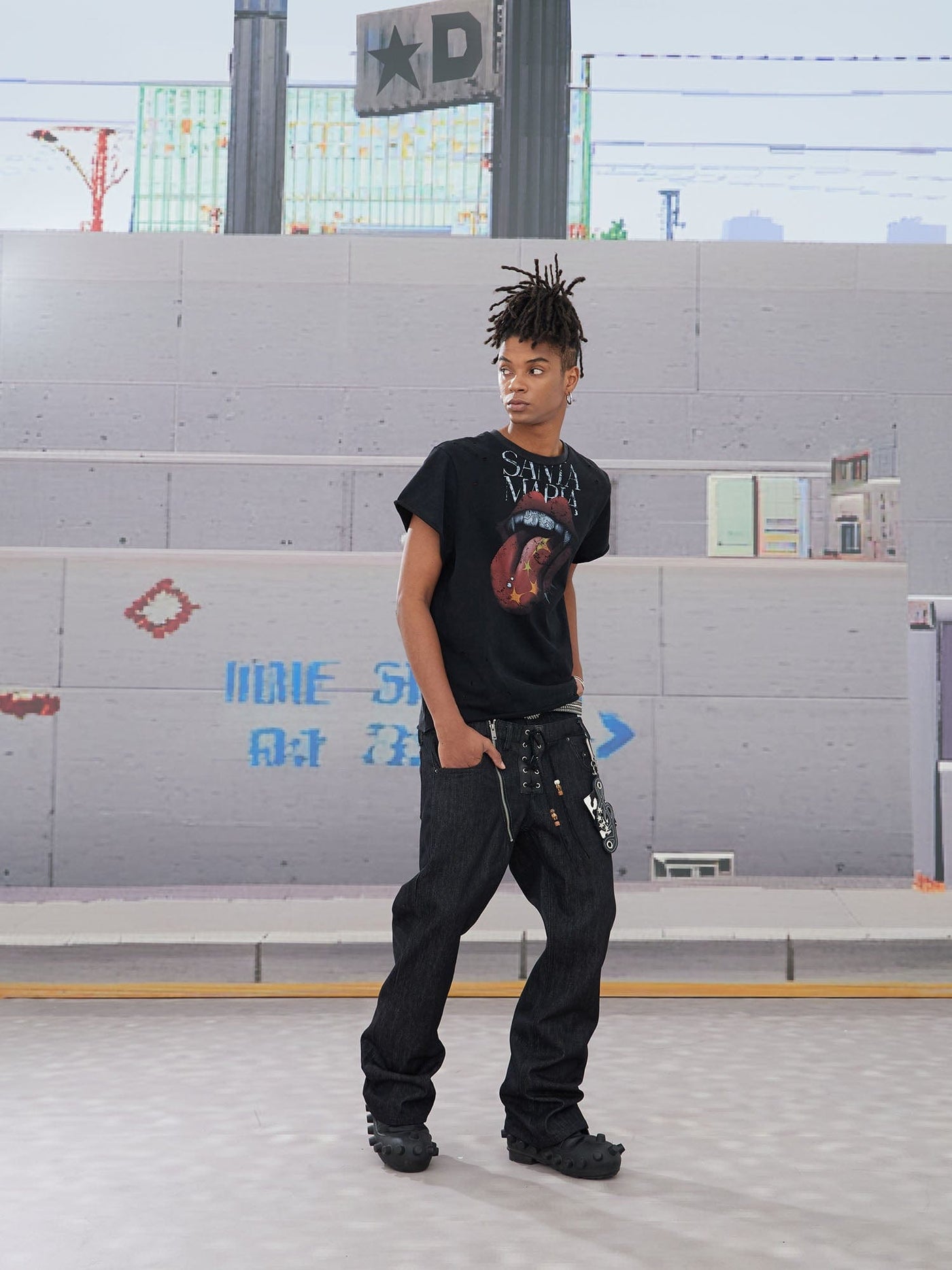 DND4DES Slanted Zipper Lace-Up Double-Waistband Raw Jeans