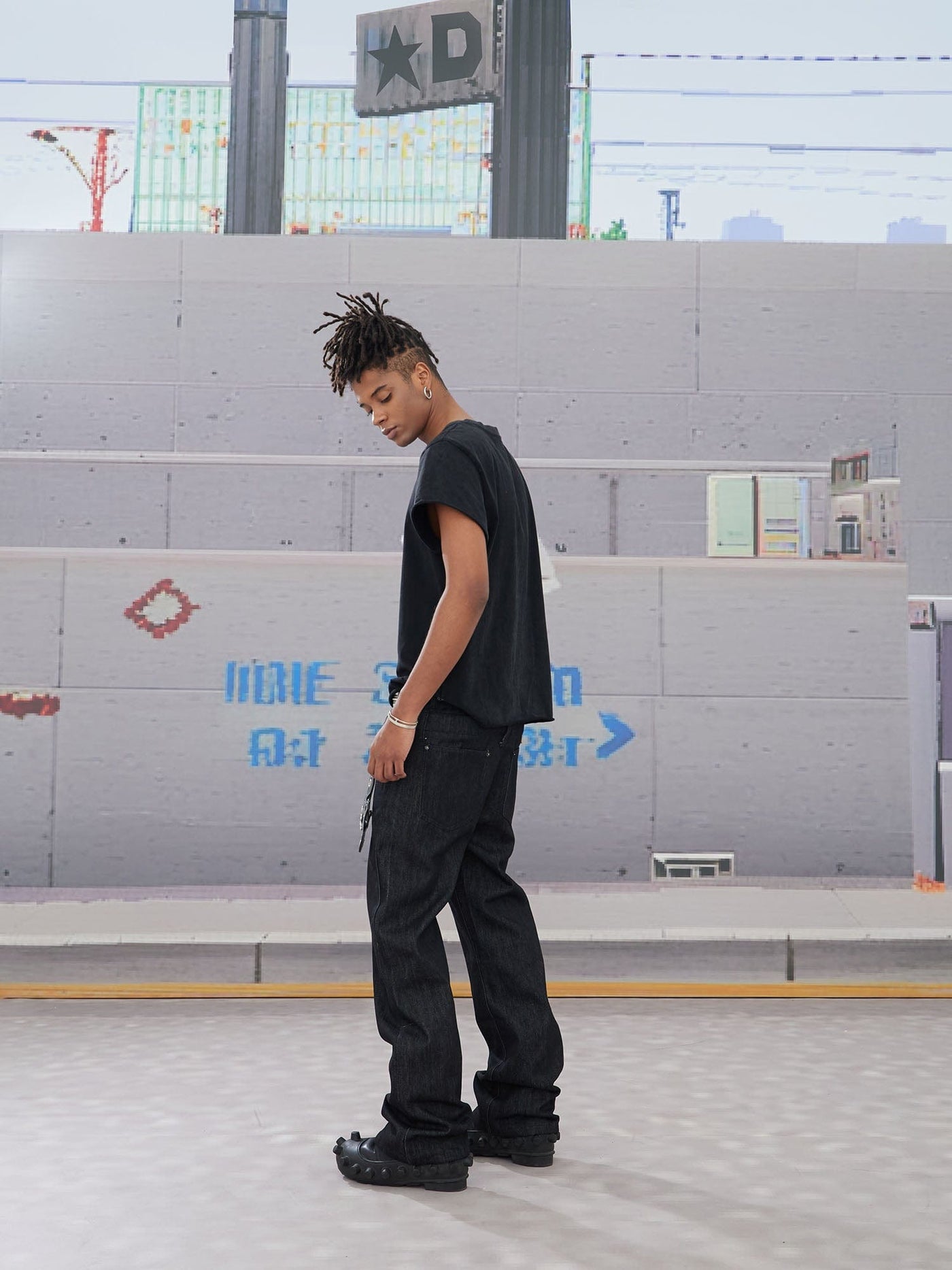 DND4DES Slanted Zipper Lace-Up Double-Waistband Raw Jeans